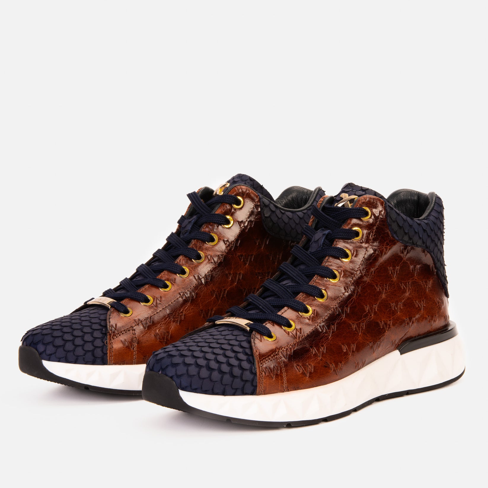 The Caesars Brown & Navy Leather High-Top Men Sneaker – Vinci Leather Shoes