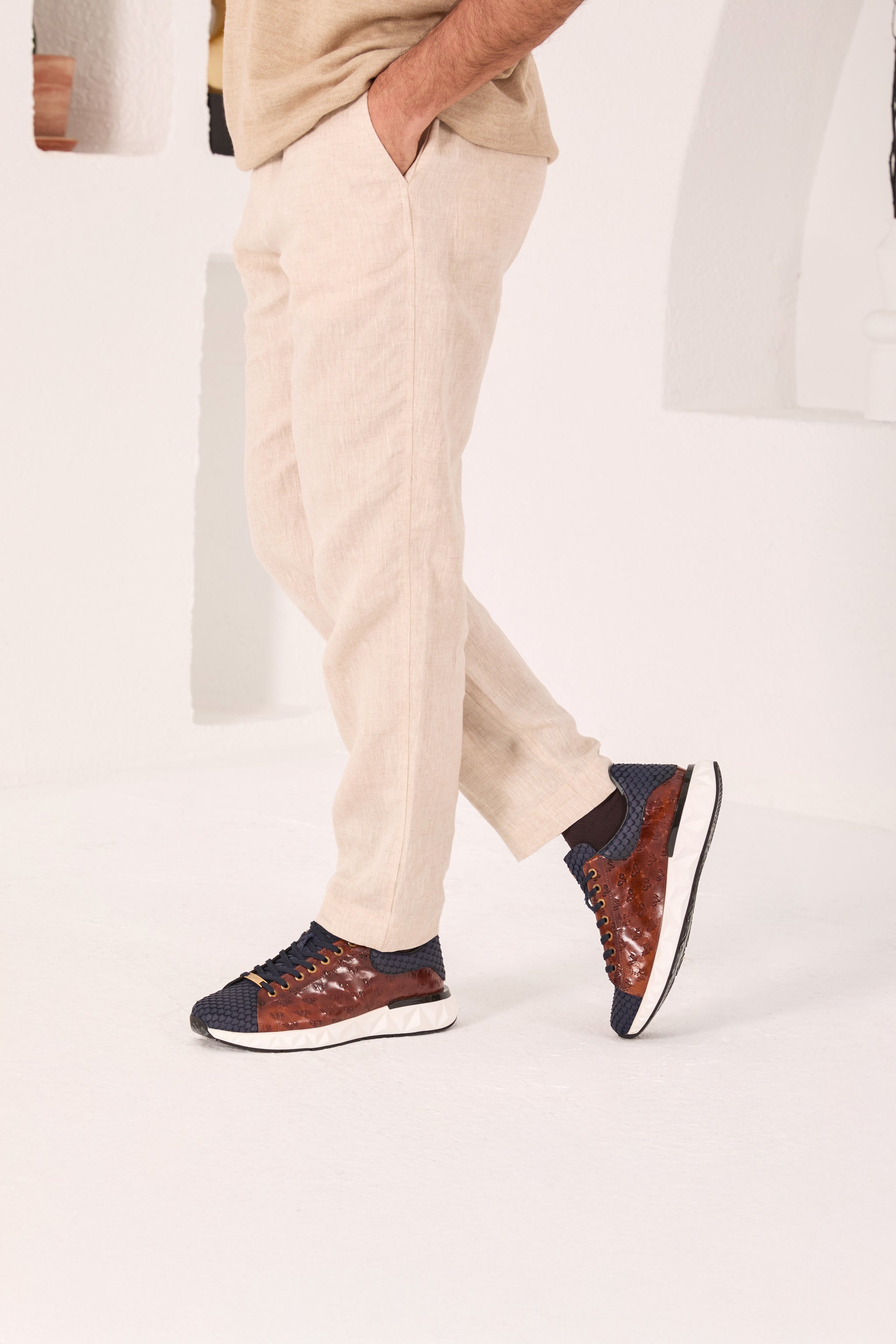 The Caesars Navy & Tan Leather Men Sneaker – Vinci Leather Shoes