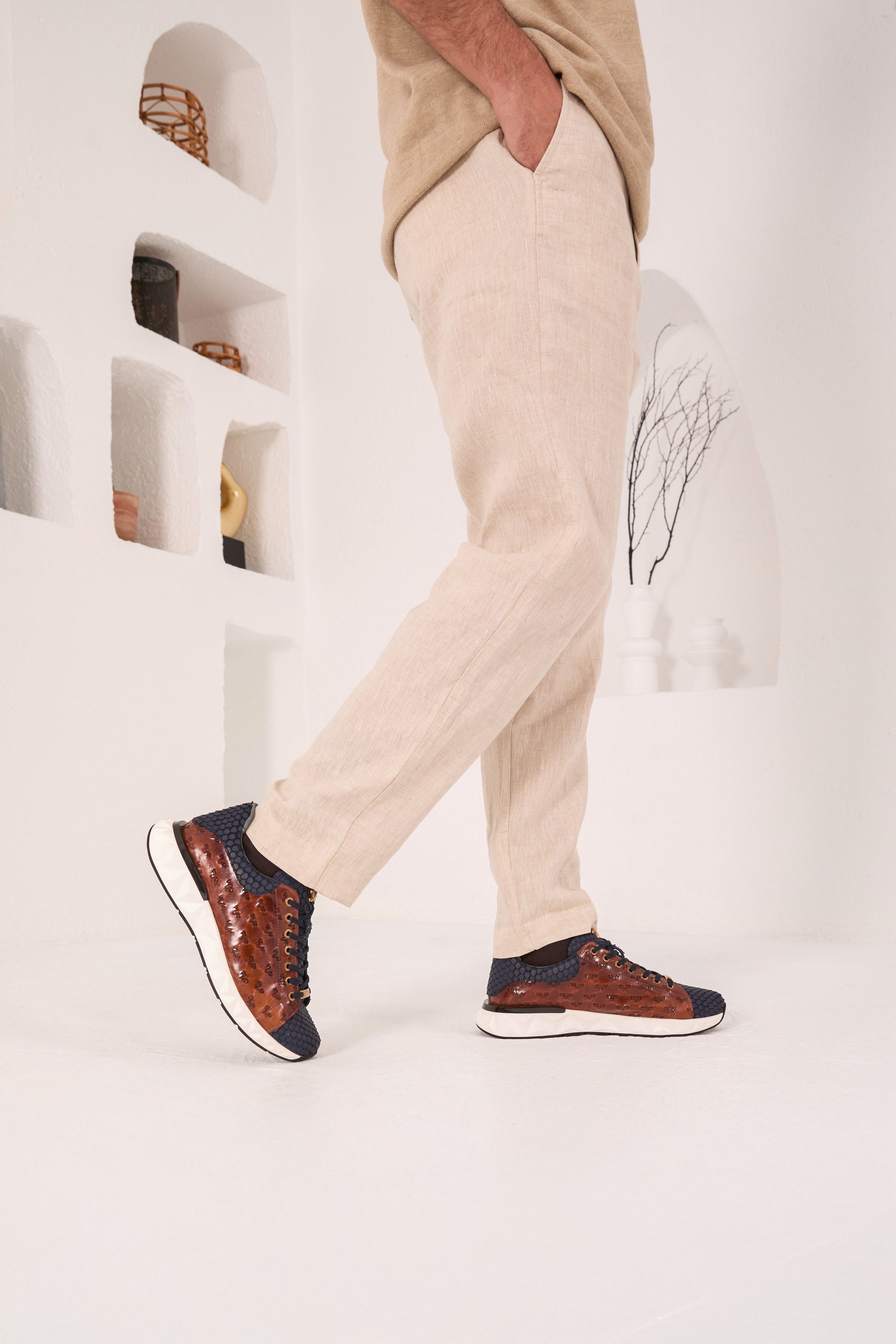 The Caesars Navy & Tan Leather Men Sneaker – Vinci Leather Shoes