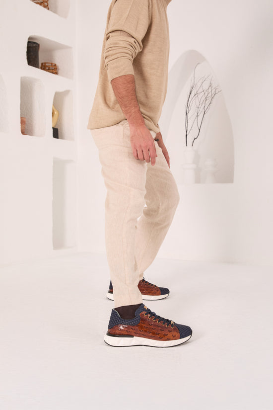 The Caesars Navy & Tan Leather Men Sneaker – Vinci Leather Shoes