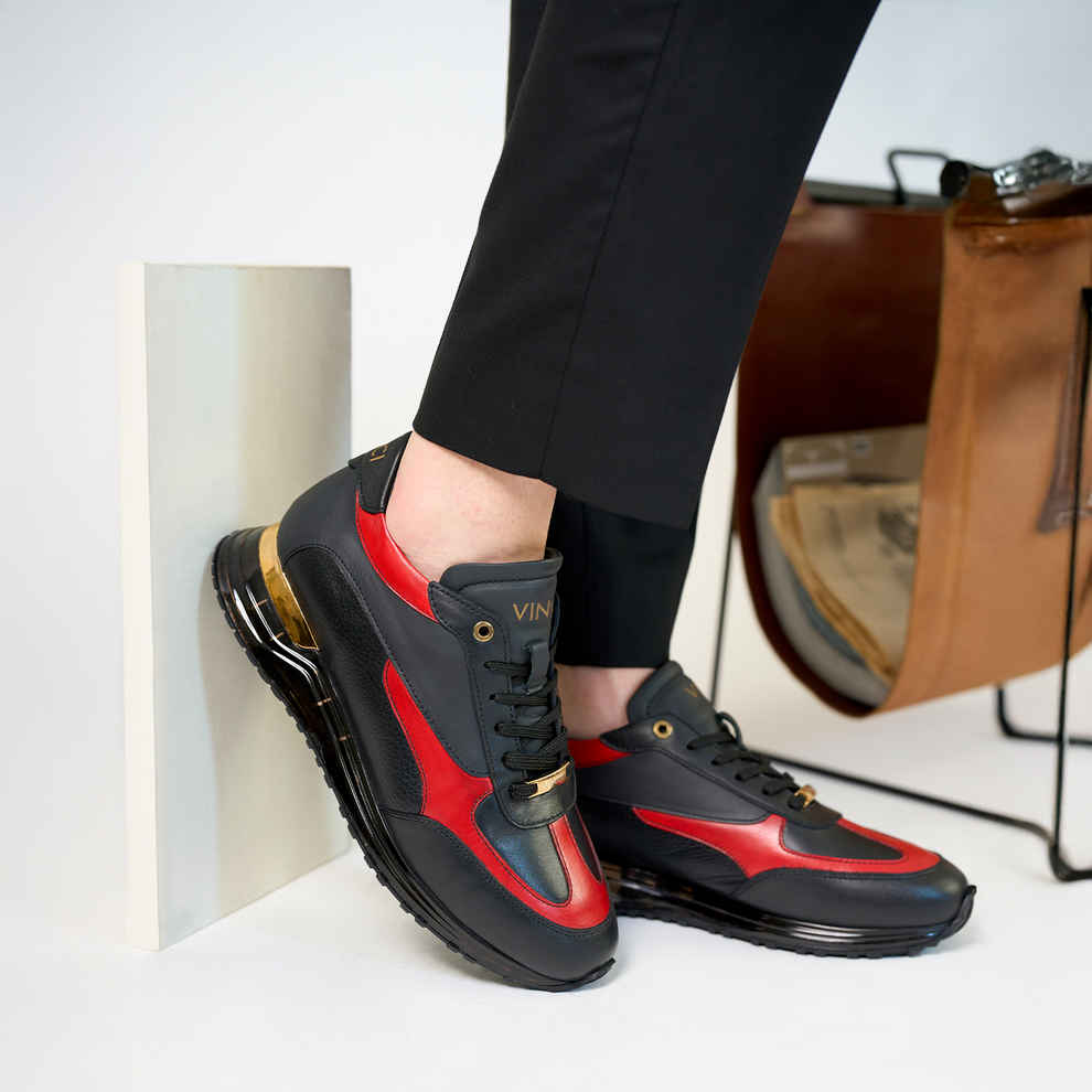 The Arda Black & Red Leather Men Sneaker – Vinci Leather Shoes