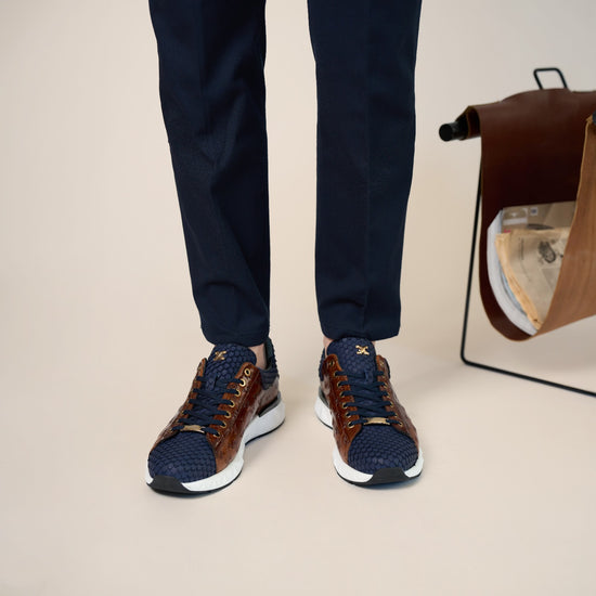 The Caesars Navy & Tan Leather Men Sneaker – Vinci Leather Shoes