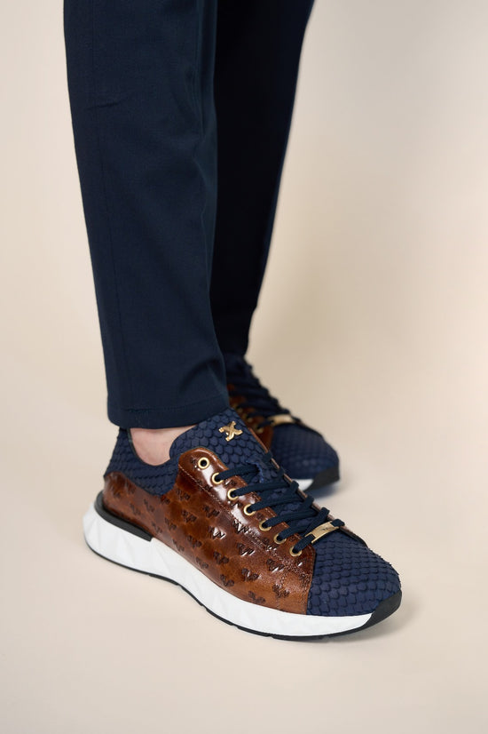 The Caesars Navy & Tan Leather Men Sneaker – Vinci Leather Shoes