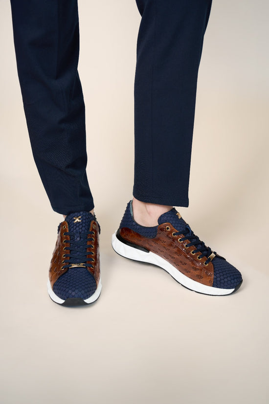 The Caesars Navy & Tan Leather Men Sneaker – Vinci Leather Shoes