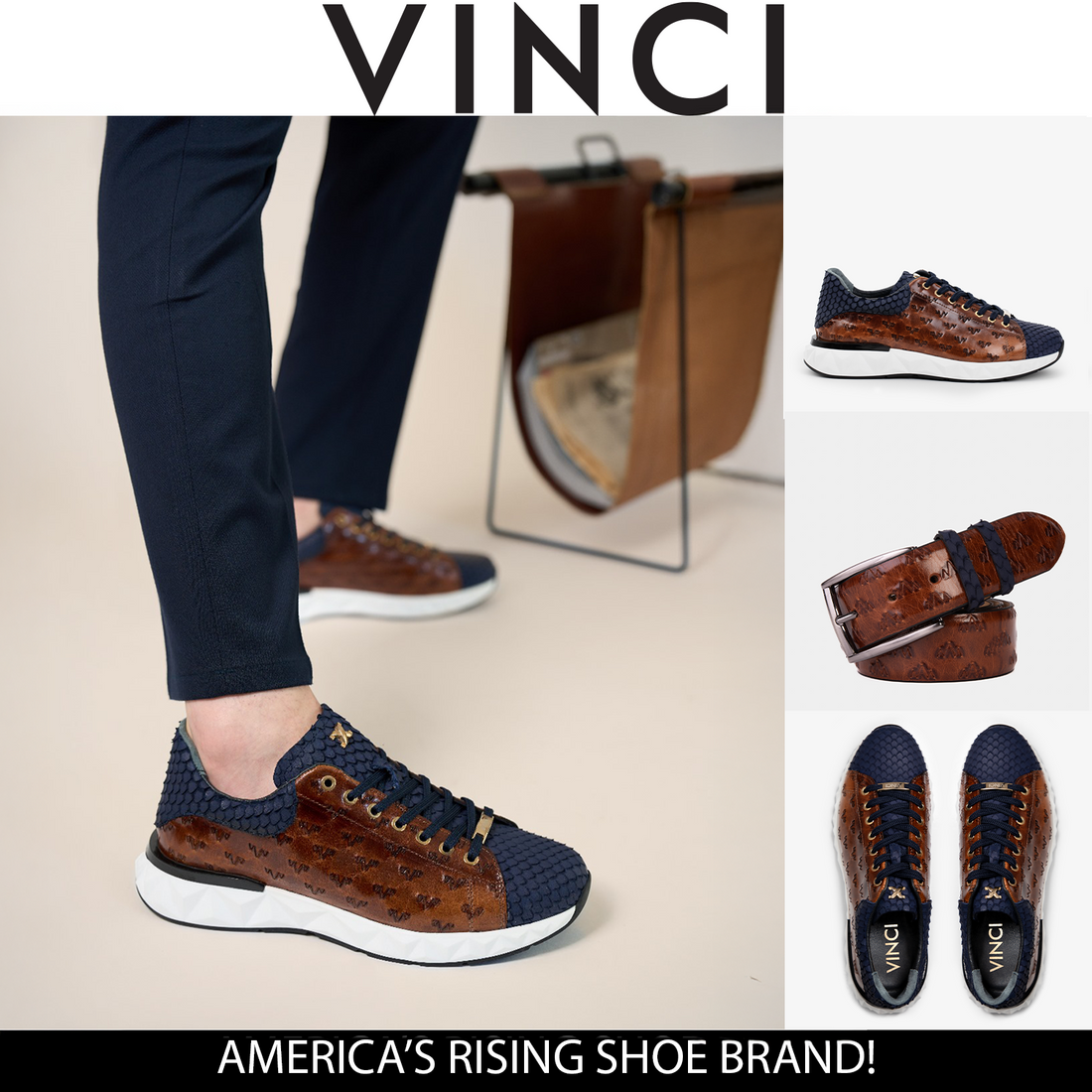 The Caesars Navy & Tan Leather Men Sneaker – Vinci Leather Shoes